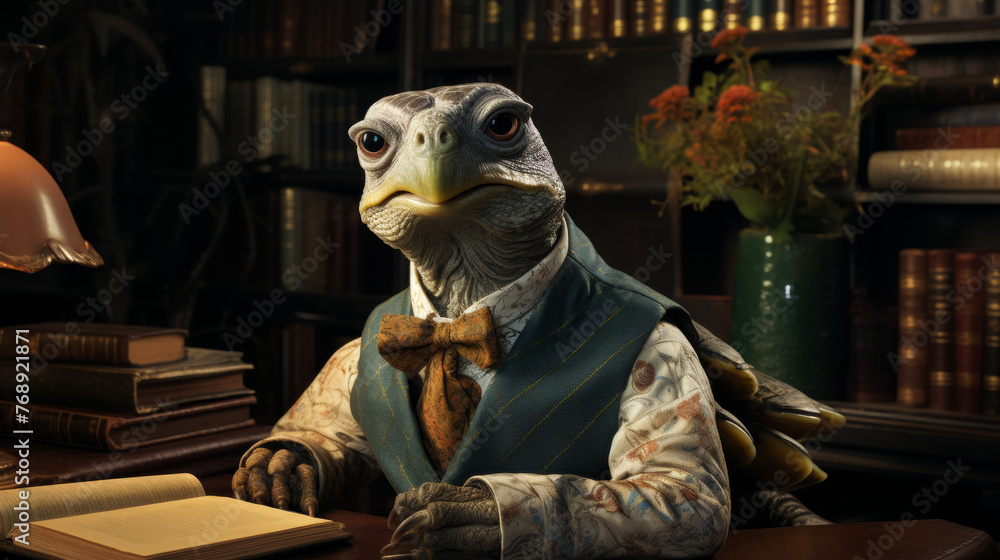 A turtle wearing a suit and tie sits at a desk with a book in front of ...