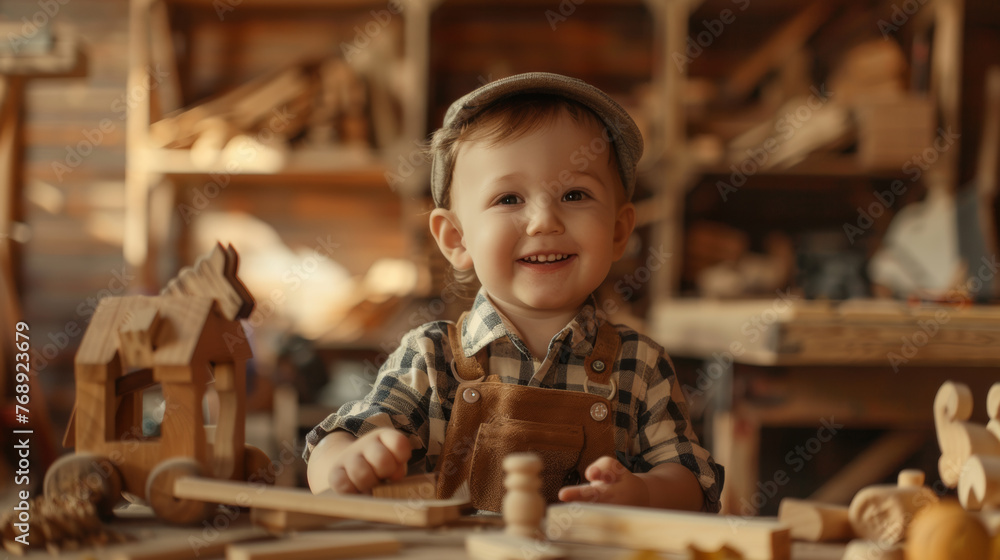 A happy kid aged 1- 2 years as carpenter, in the workshop where he ...