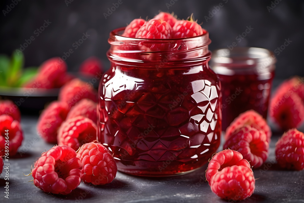a jar of raspberry jam surrounded by raspberries, a stock photo ...