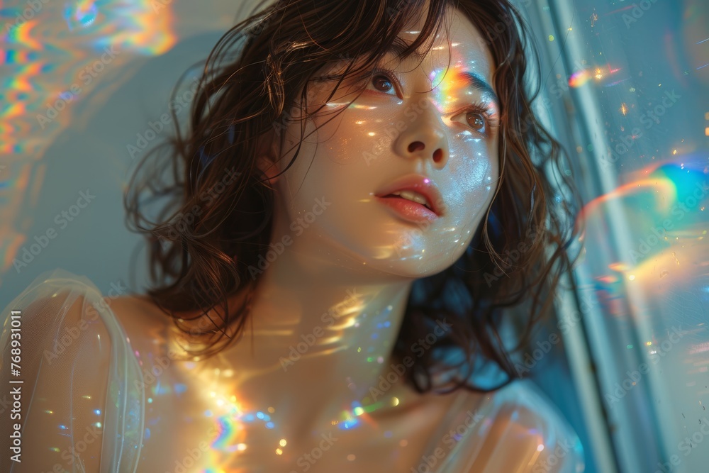 beautiful woman in holy dress costume under the shining of the cosmo ...