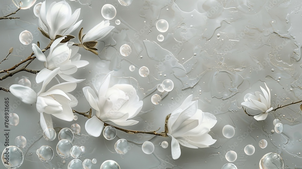 Realistic magnolia flowers in a floating arrangement with pearls on a ...
