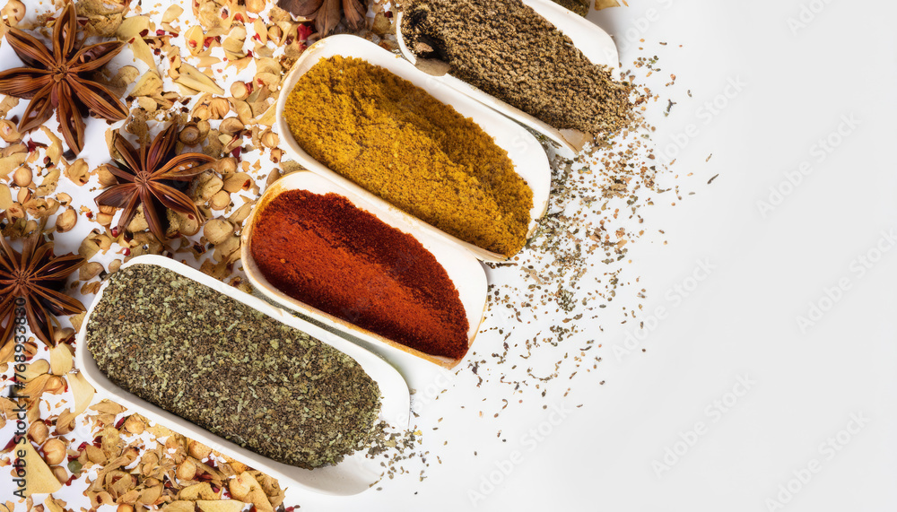 Various spice on isolated white background. Vibrant colors and rich ...