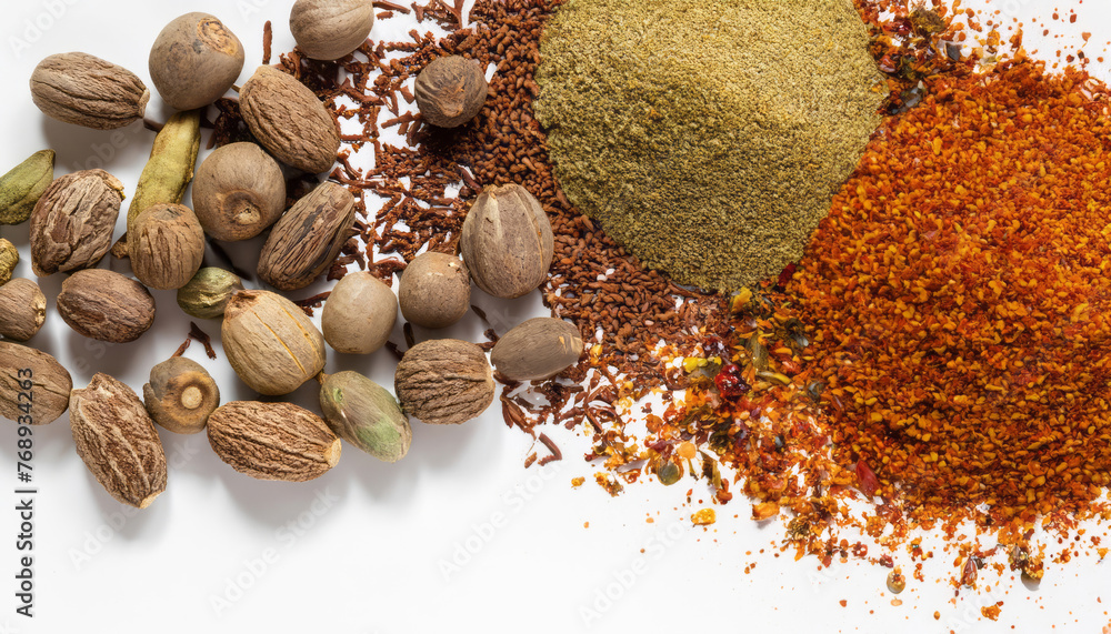 Various spice on isolated white background. Vibrant colors and rich ...