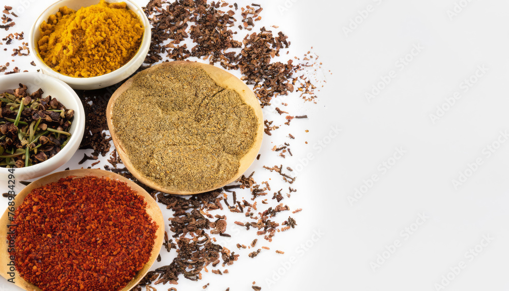 Various spice on isolated white background. Vibrant colors and rich ...