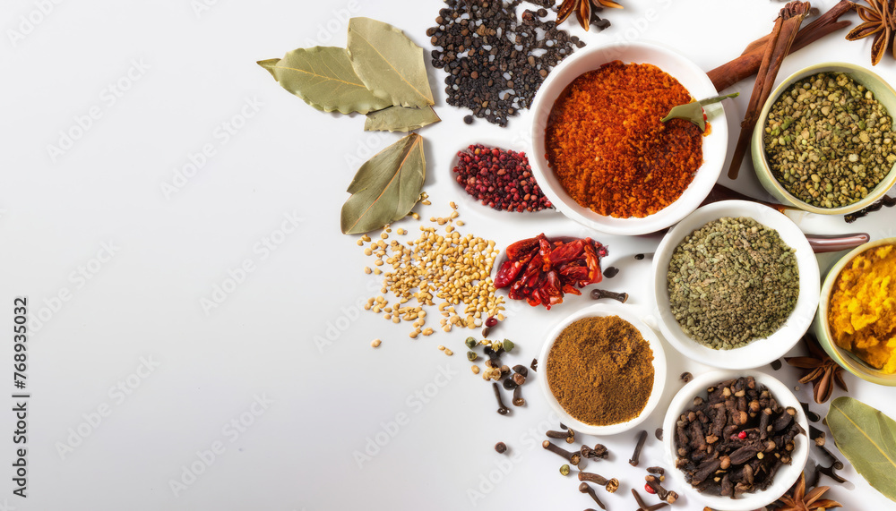 Various spice on isolated white background. Vibrant colors and rich ...