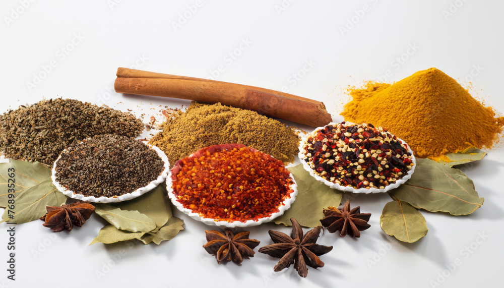 Various spice on isolated white background. Vibrant colors and rich ...