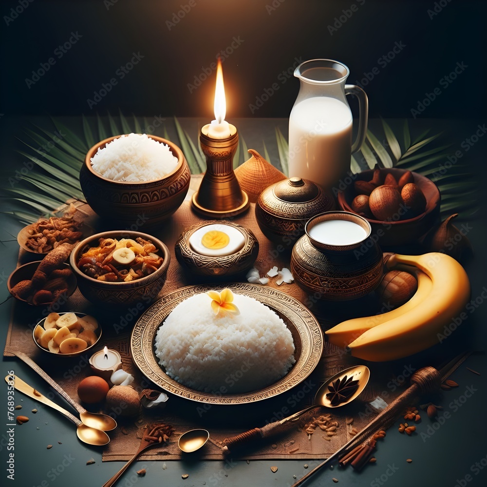 Traditional Sinhala New Year table with lamp, aluwa, milk rice, and ...