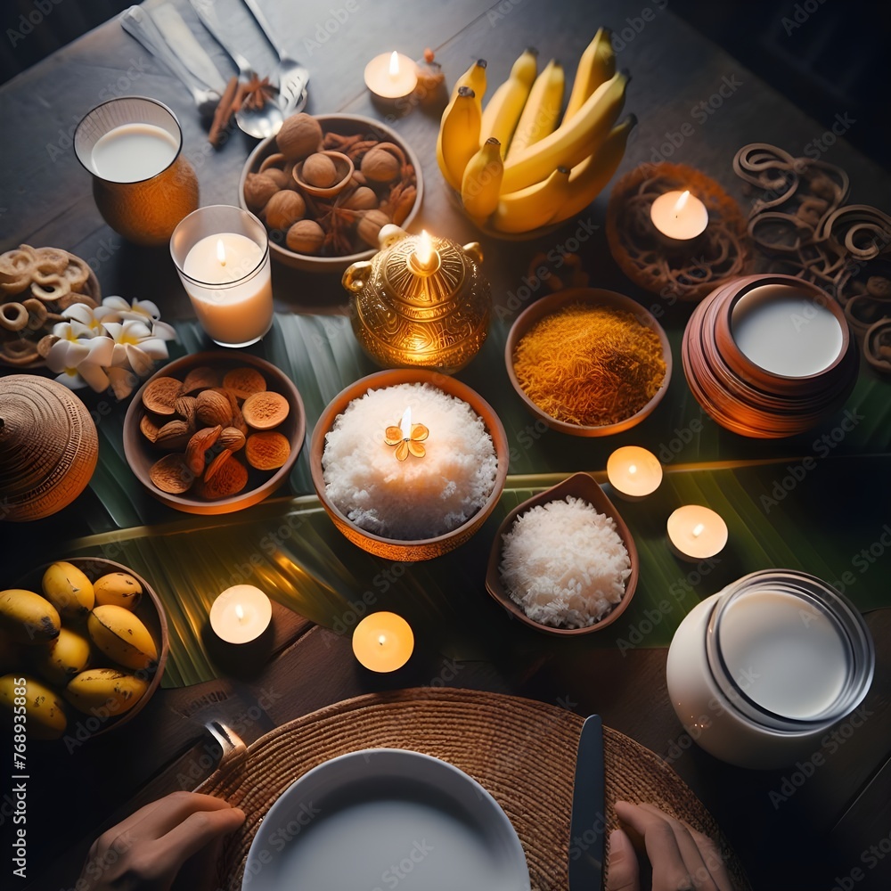 Traditional Sinhala New Year table with lamp, aluwa, milk rice, and ...
