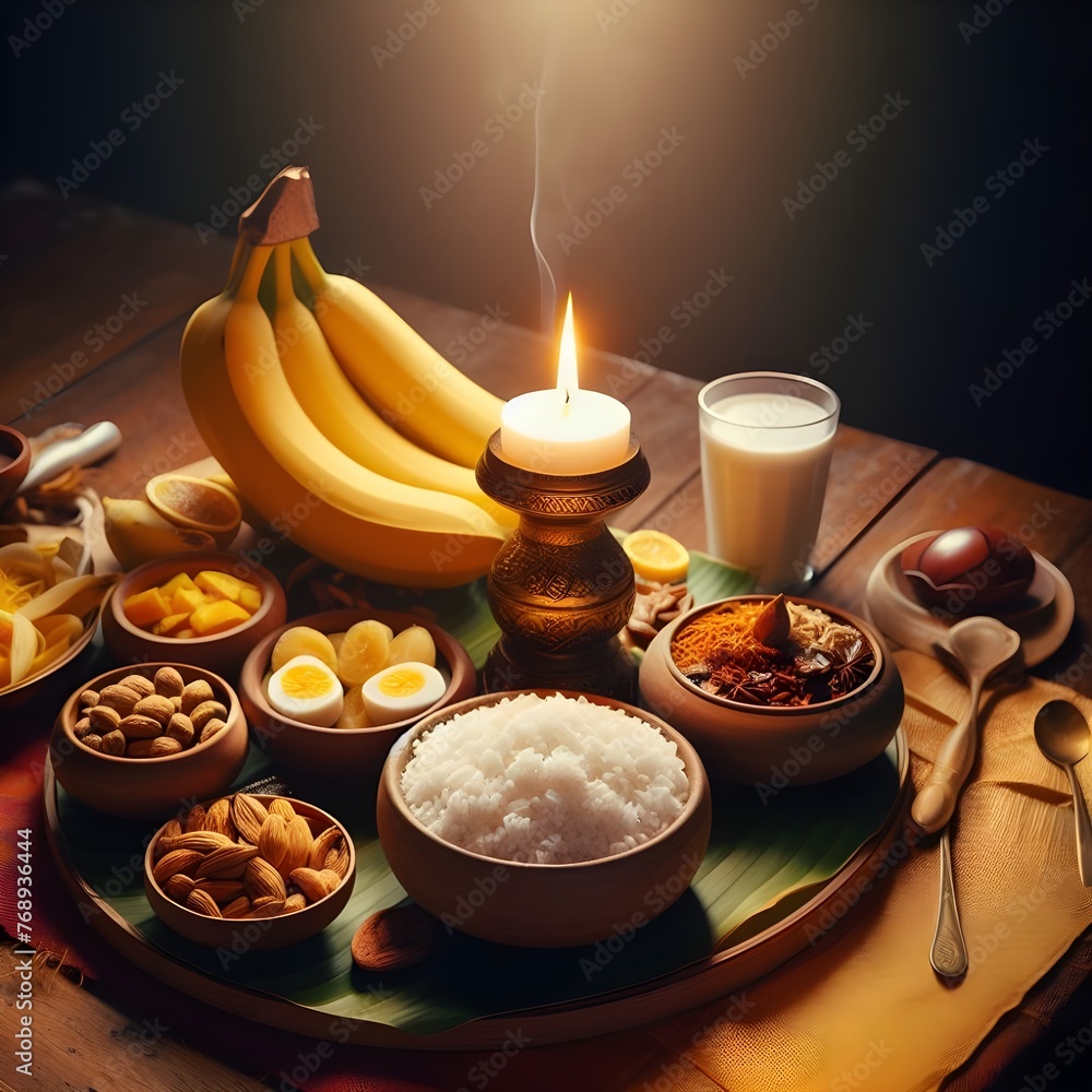 Traditional Sinhala New Year table with lamp, aluwa, milk rice, and ...