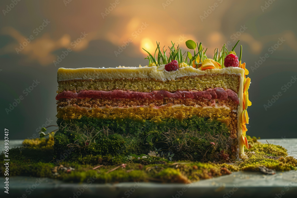Artisanal cake with grassland and sunset decoration, sectioned to ...