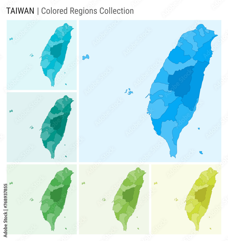 Taiwan map collection. Country shape with colored regions. Light Blue ...