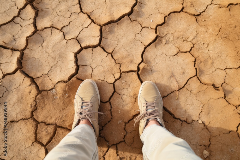 First-person view of feet on parched earth. Personal Perspective on ...