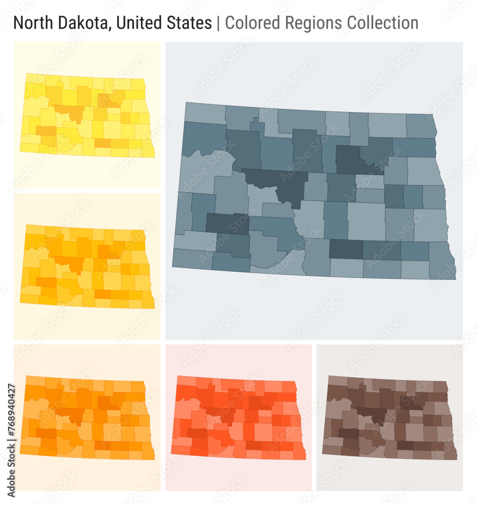 North Dakota, United States. Map collection. State shape. Colored ...