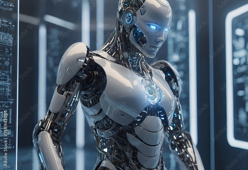 Smart robot with unique neck structure and stretched arm in side. Robot ...