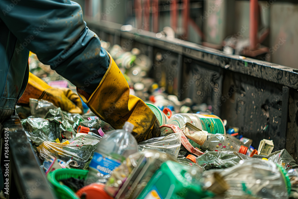 Operation of manual waste segregation. The process of sorting trash at ...