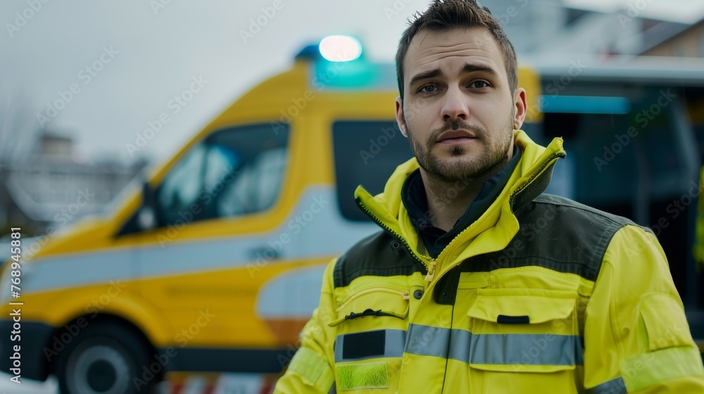 Male paramedic in high-visibility jacket ready for emergency. Calm and ...