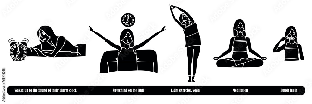 Female morning routine's illustration in vector files for graphic ...