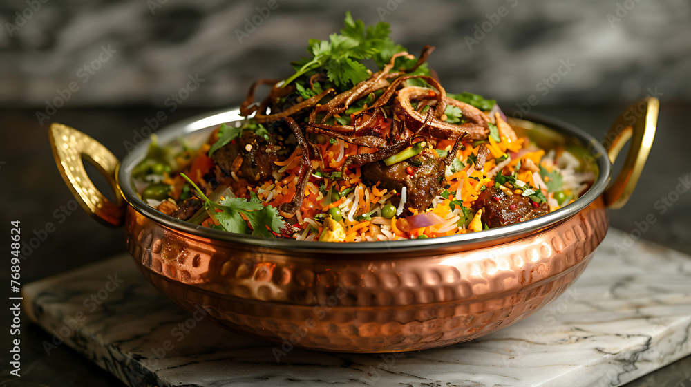 Chicken biryani Spicy Indian biryani Hyderabadi biryani in a copper pot ...