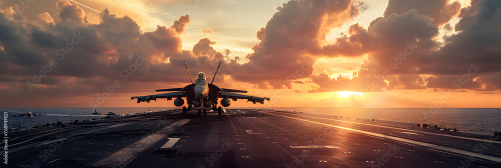 A military fighter jet poised for takeoff from an aircraft carrier deck ...