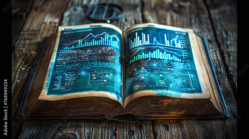 An open old book with pages turning into digital screens displaying ...