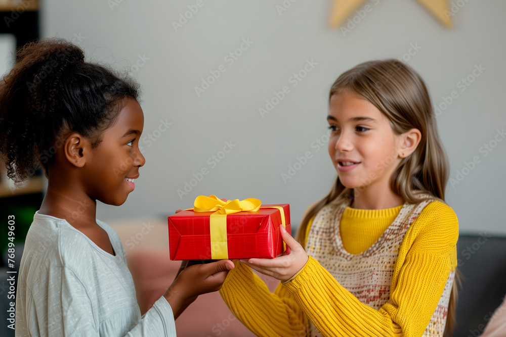Two smiling multiethnic girl friends give each other a red box with a ...