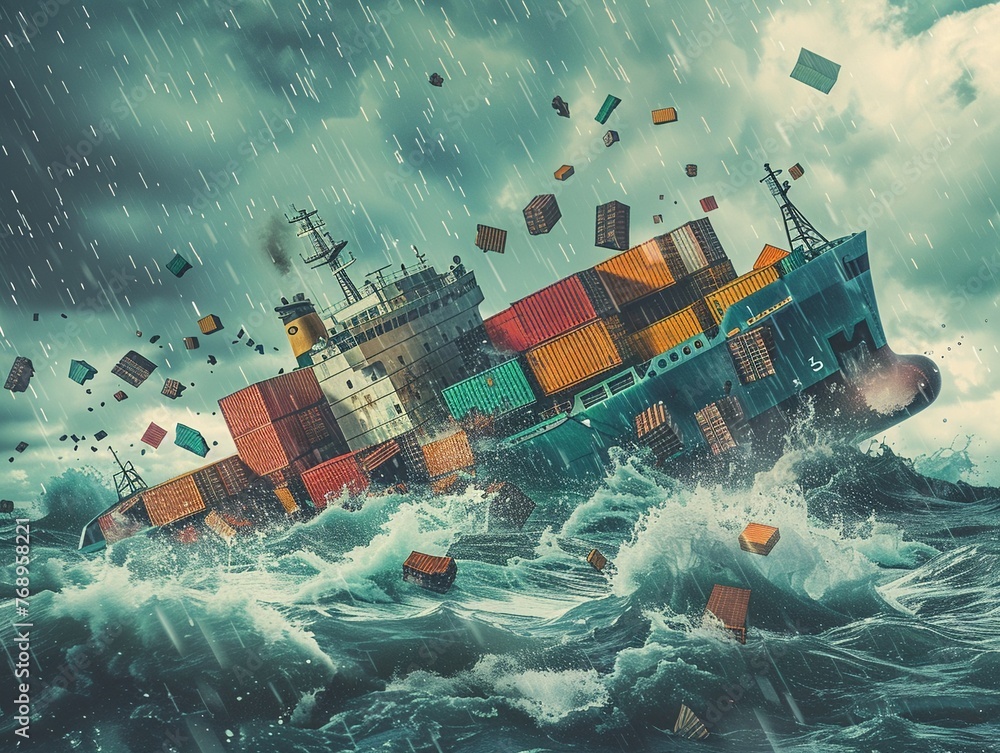 A 3D graphical representation of a sinking ship with containers labeled ...