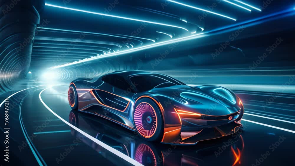 3D rendering of a concept car in a tunnel with motion blur, A sports ...