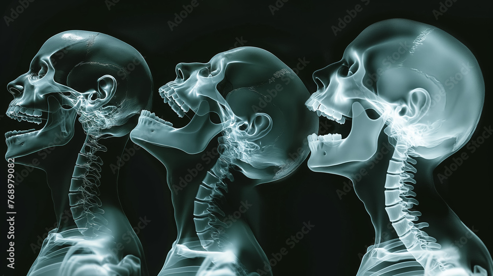 A striking x-ray image showing the side profiles of three human skulls ...