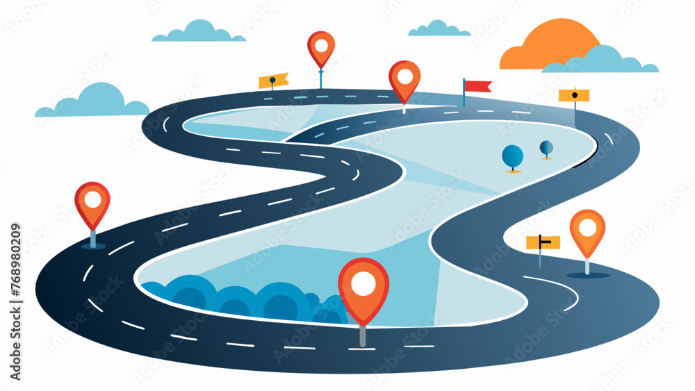 Road infographics. Winding road to success with pin pointers. Business ... Road infographics. Winding road to success with pin pointers. Business ...