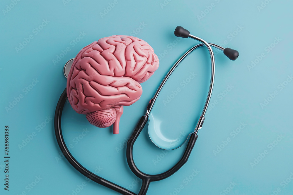 human brain with stethoscope, Human brain model with stethoscope on a ...