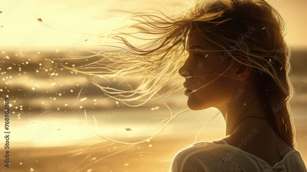 Woman stands on beach, hair billowing in wind, embodying freedom and ...