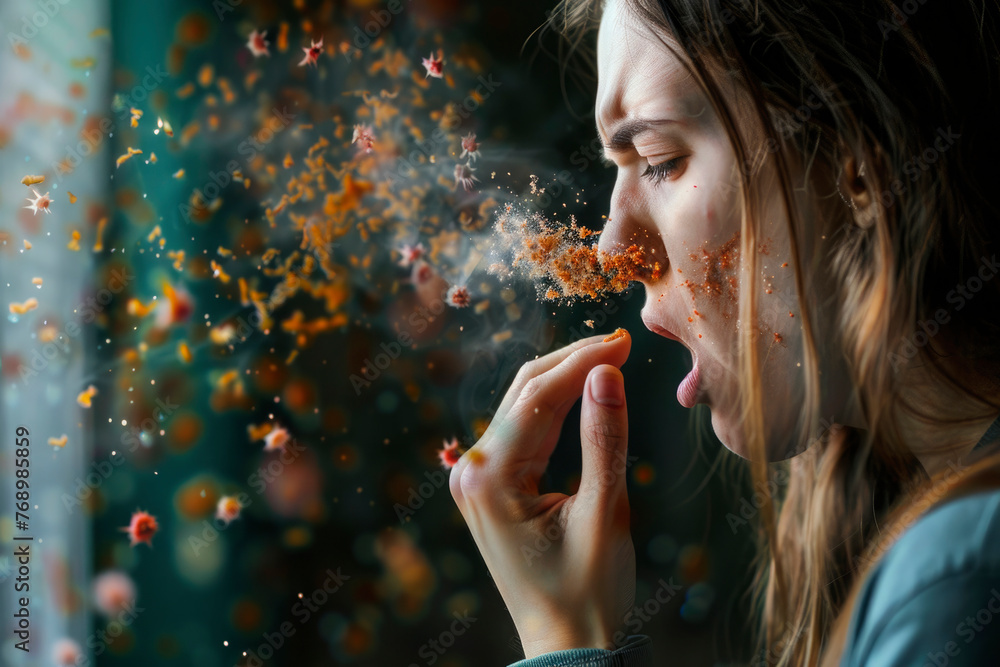 of a girl coughing with visible germs or particles flying out of her ...