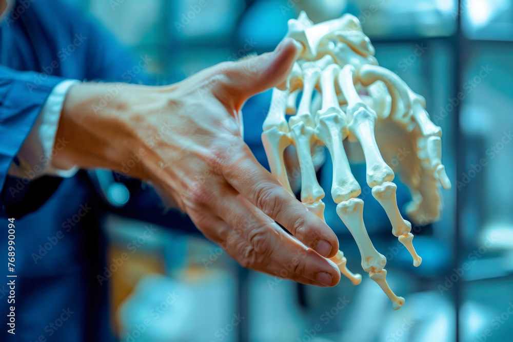 close-up, the doctor points with his hand to the hand, fracture, bruise ...