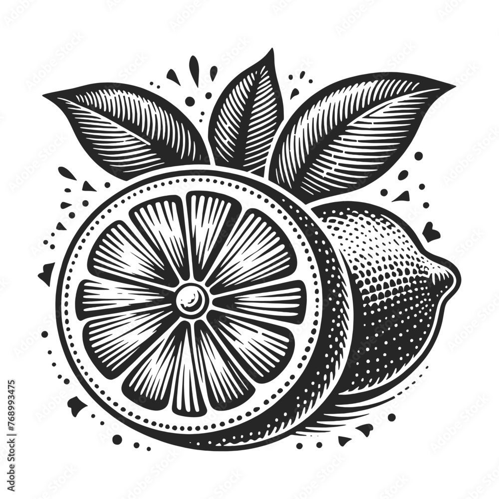 lemon citrus fruit, lemon slice, and leaves sketch engraving generative ...