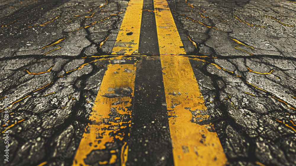Weathered Asphalt Texture with Yellow Road Marking Lines and Speckled ...
