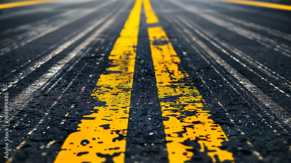 Weathered Asphalt Texture with Yellow Road Marking Lines and Speckled ...