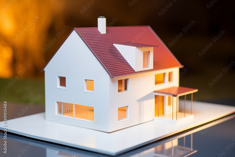 Detailed miniature white house with a red roof. Model features multiple ...