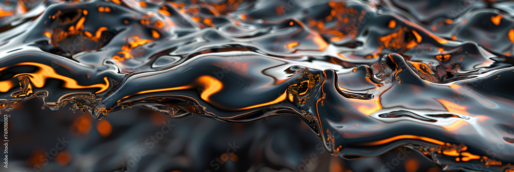 Mass of fluid melting metal background and flames reflecting off its ...
