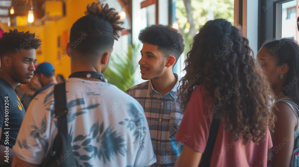 Group of young multicultural people having a friendly chat at a party ...
