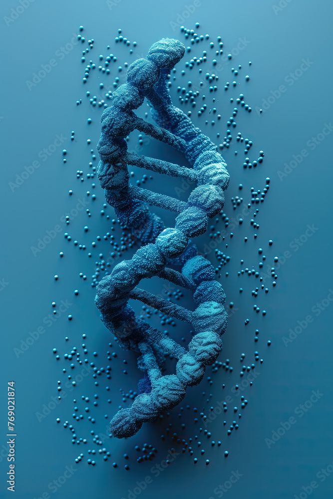 Cadena ADN espiral azul vertical, con fondo azul con textura. Ciencia ...