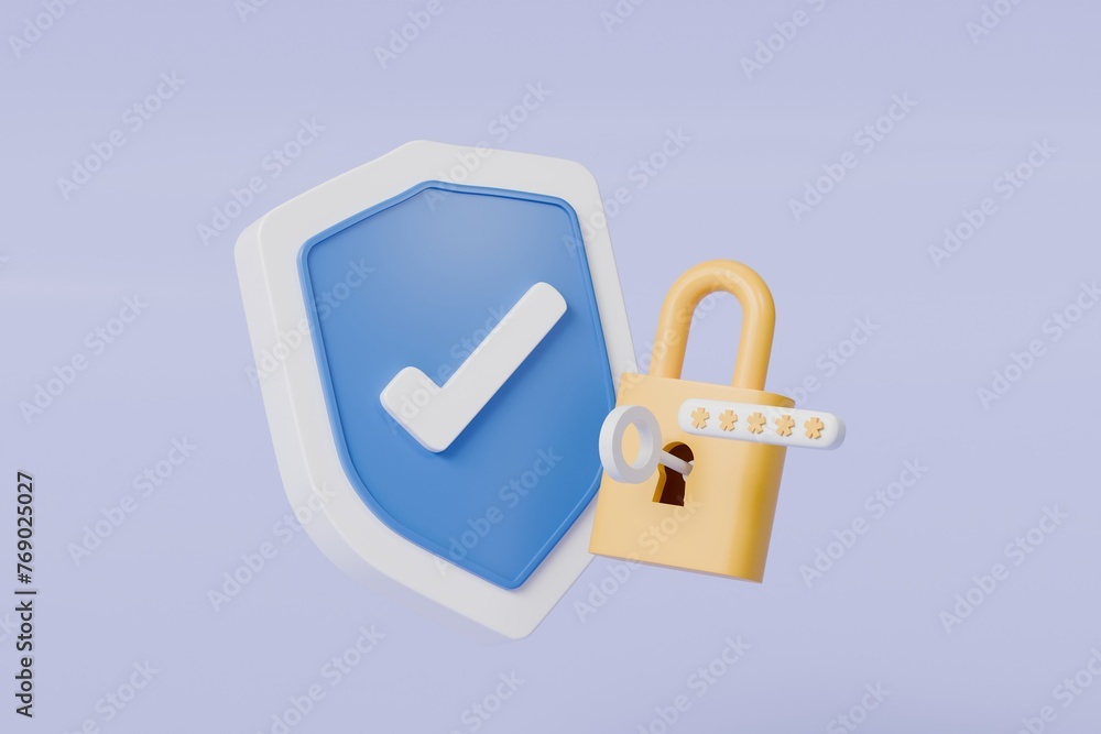 3d Lock and shield with checkmark and password icon. Security protection concept. Data ...