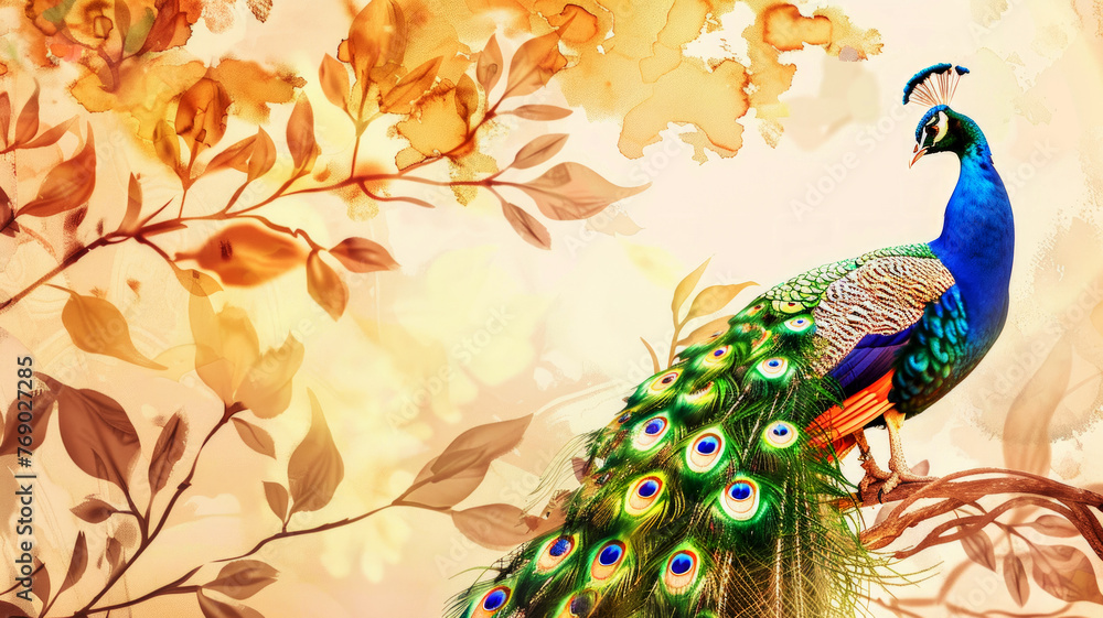 Watercolor with a peacock sitting on a tree branch on a sand-colored ...