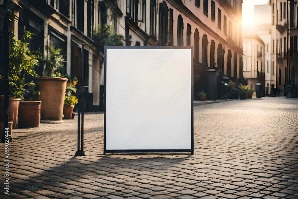 blank information poster on patterned paving-stone; an empty vertical ...