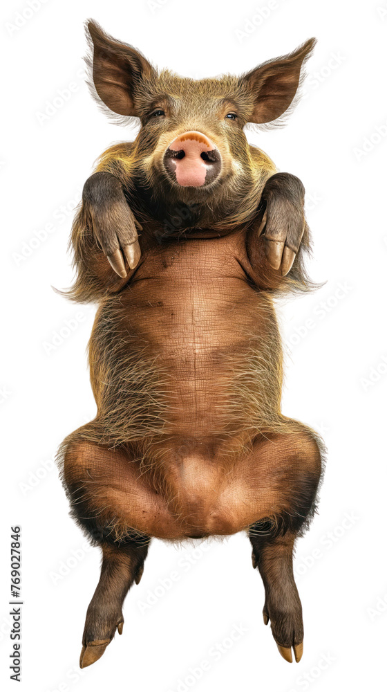 Funny pig lying on back isolated on white or transparent background ...