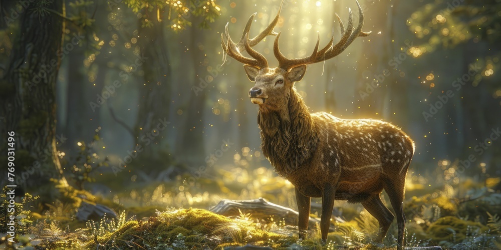 Experience the mystical allure of an enchanted deer in a mossy forest ...