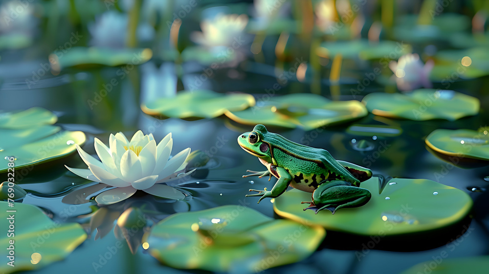Frolicking frog leaping between lily pads in pond Stock Photo | Adobe Stock