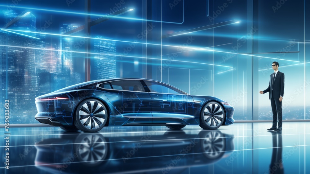 Automotive engineer using ai system for smart ev car design on electric ...