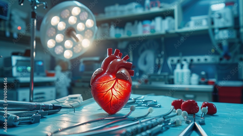 Surgical tools laid out next to a heart model under a bright operating ...