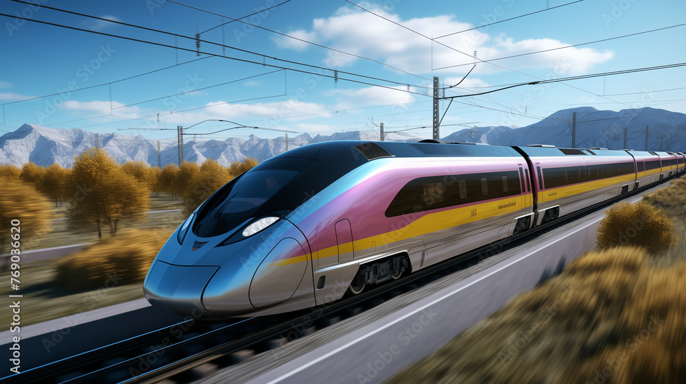 High Speed Train With Pink and Yellow Livery Going At Full Speed In ...