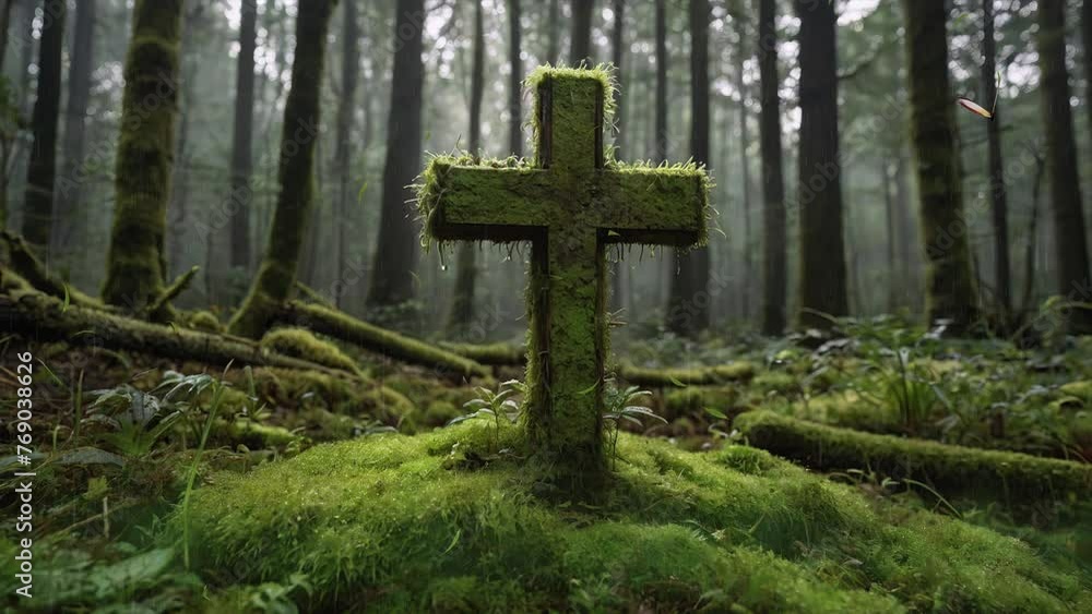 Witness the haunting allure of a rough-hewn grave monument crowned with ...